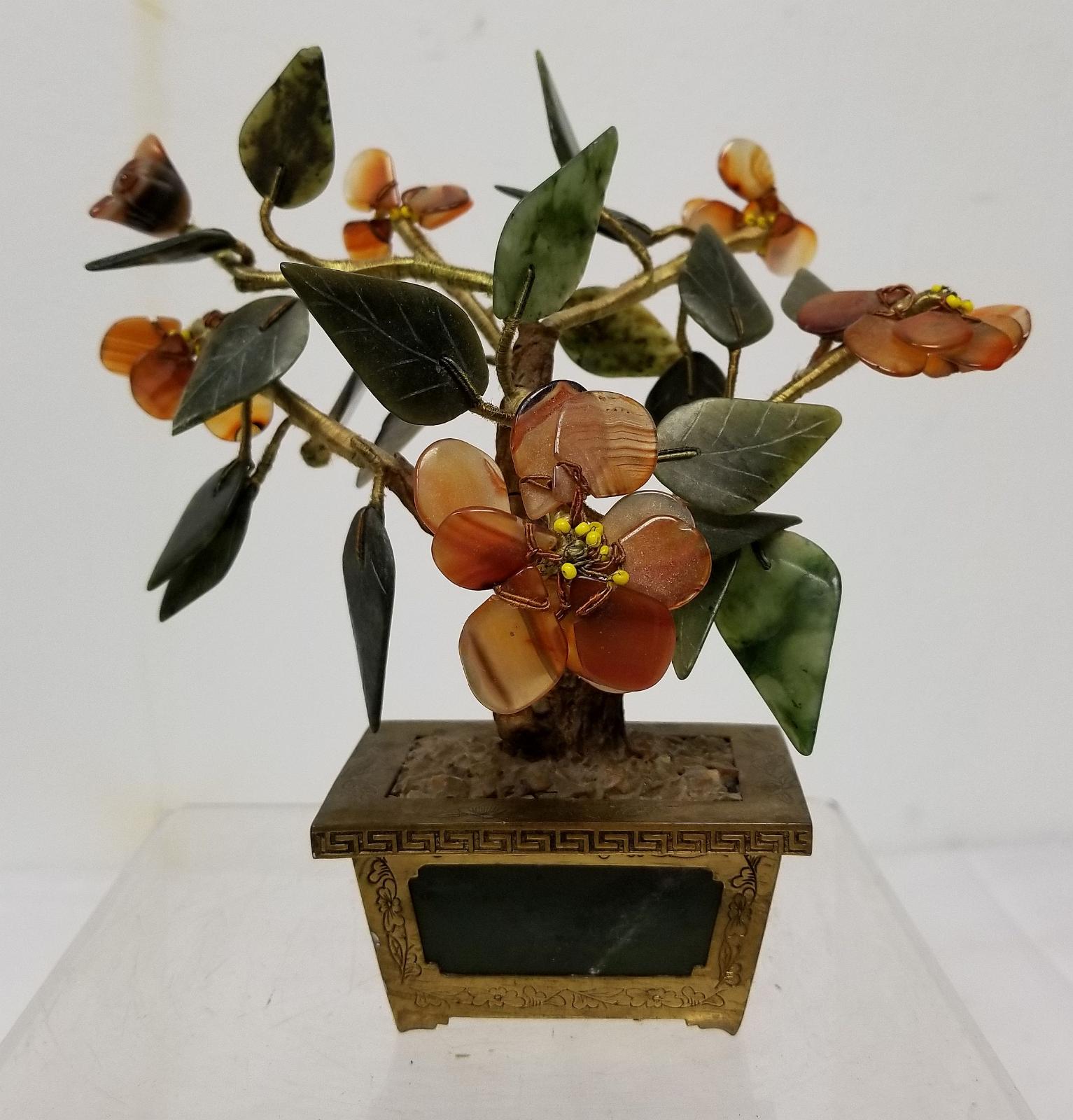 Antique Vintage Hong Kong Chinese Jade Tree Carnelian Brass Bronze Base ...